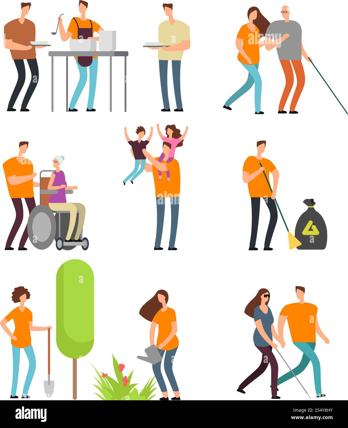 Volunteers help people and clean environment. Cartoon characters for ...