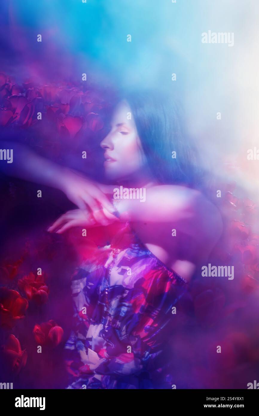 Emotional, tender young woman, feeling the affection and ardor of rosa ...