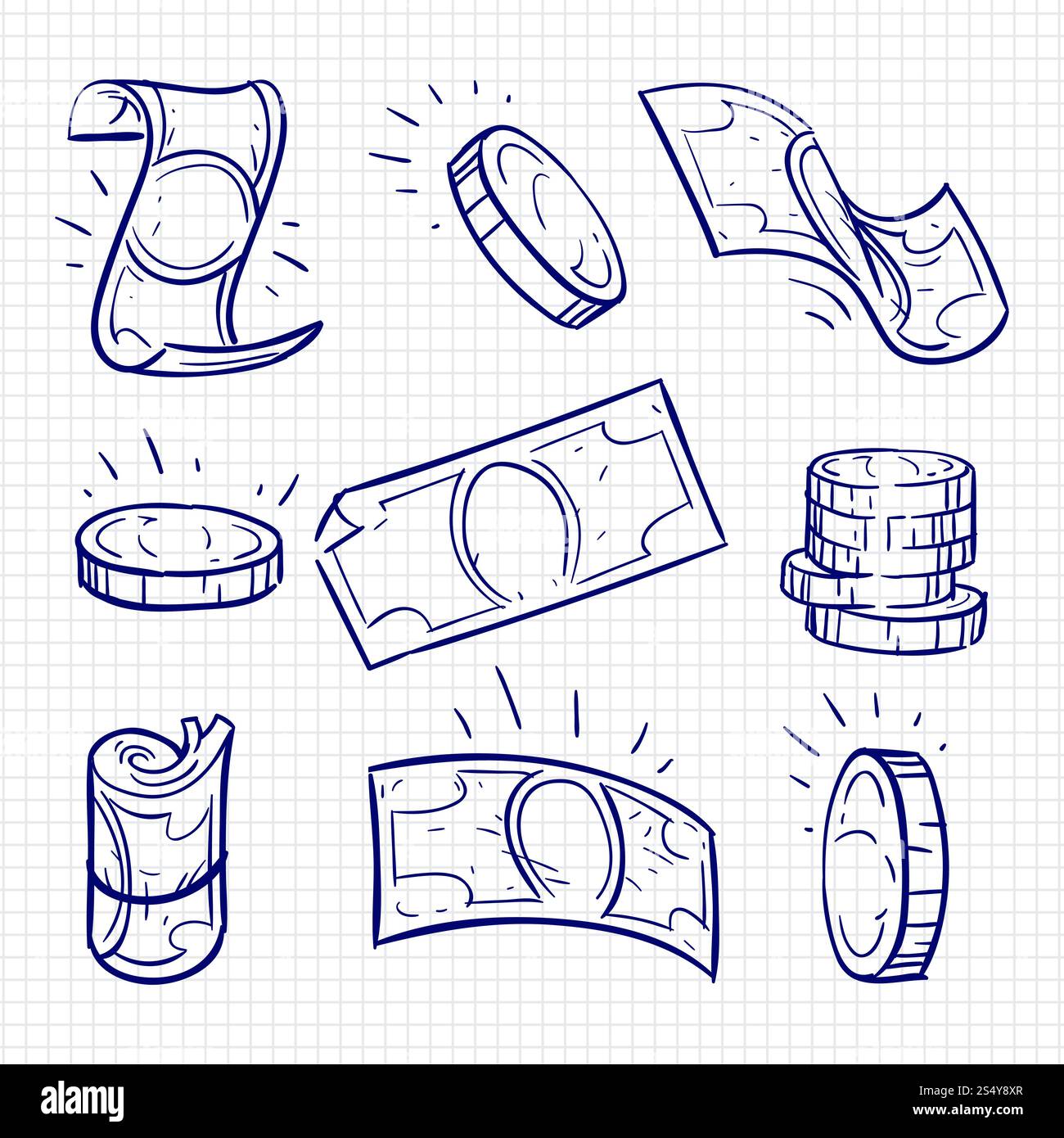 Ballpoint pen drawing money and coins isolated on notebook page. Vector ...