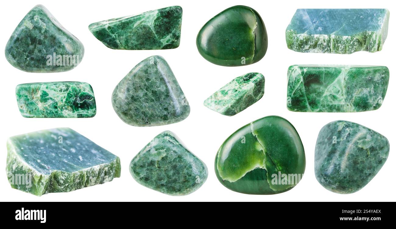 collection of various tumbled green jade mineral stones (nephrite and ...