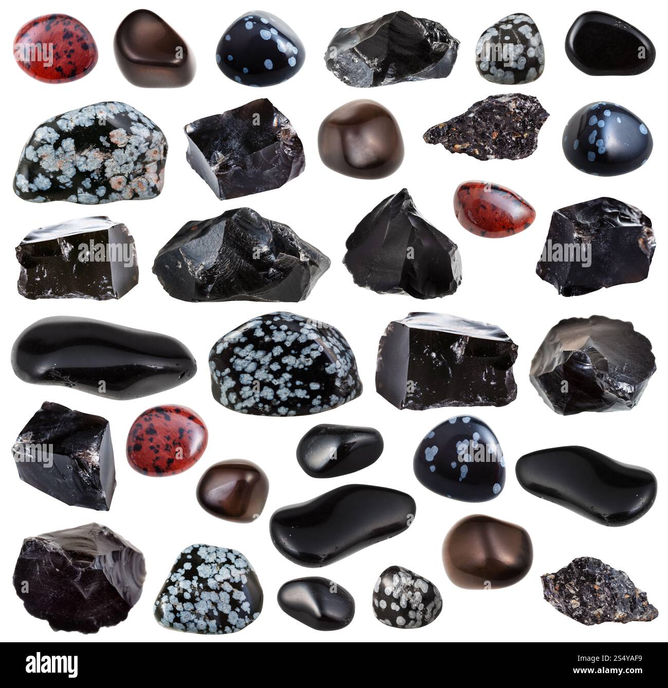 collection of various tumbled and raw obsidian (volcanic glass) mineral ...