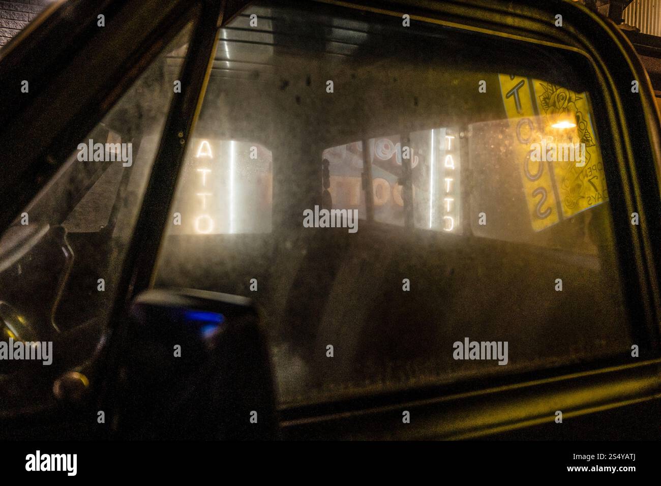 Foggy night Chevy Window interior Stock Photo - Alamy