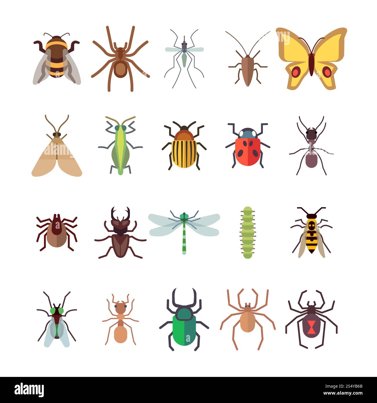 Flat insects icons set. Butterfly, dragonfly, spiders, ant isolated on ...