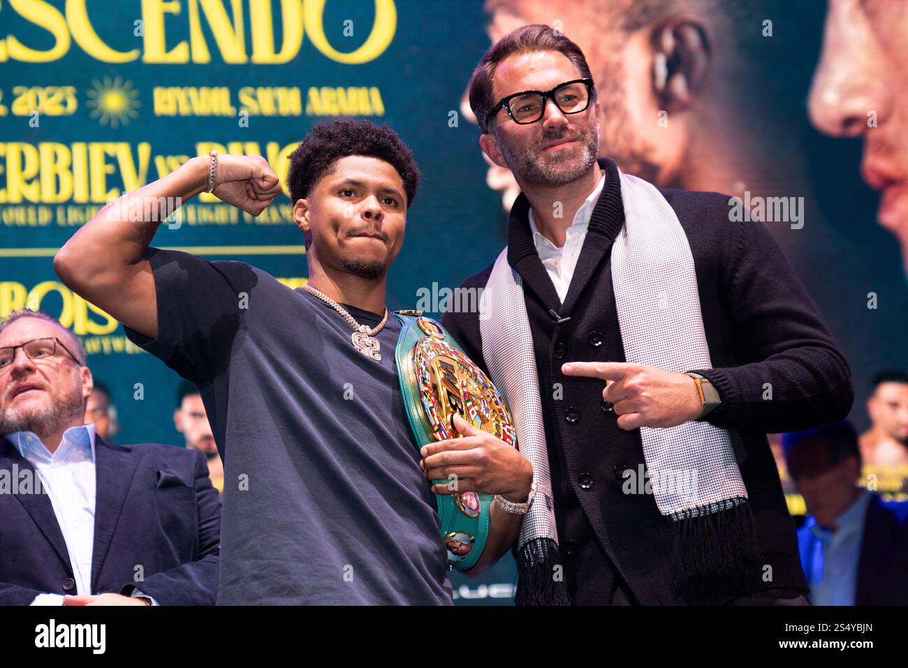 Shakur Stevenson (left) with promoter Eddie Hearn during a press ...