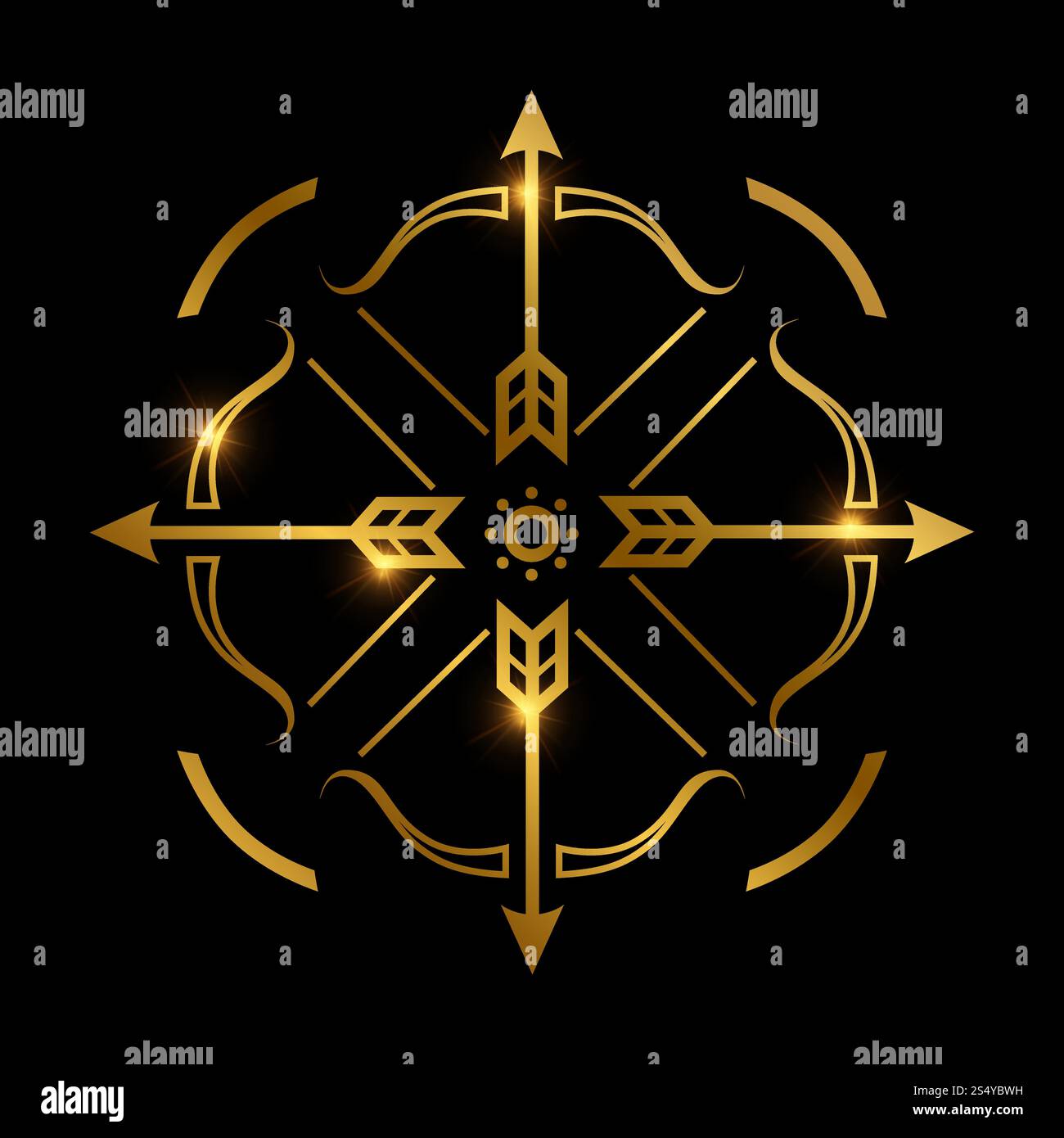 Golden bow and arrows on black background. Archery emblem vector design ...
