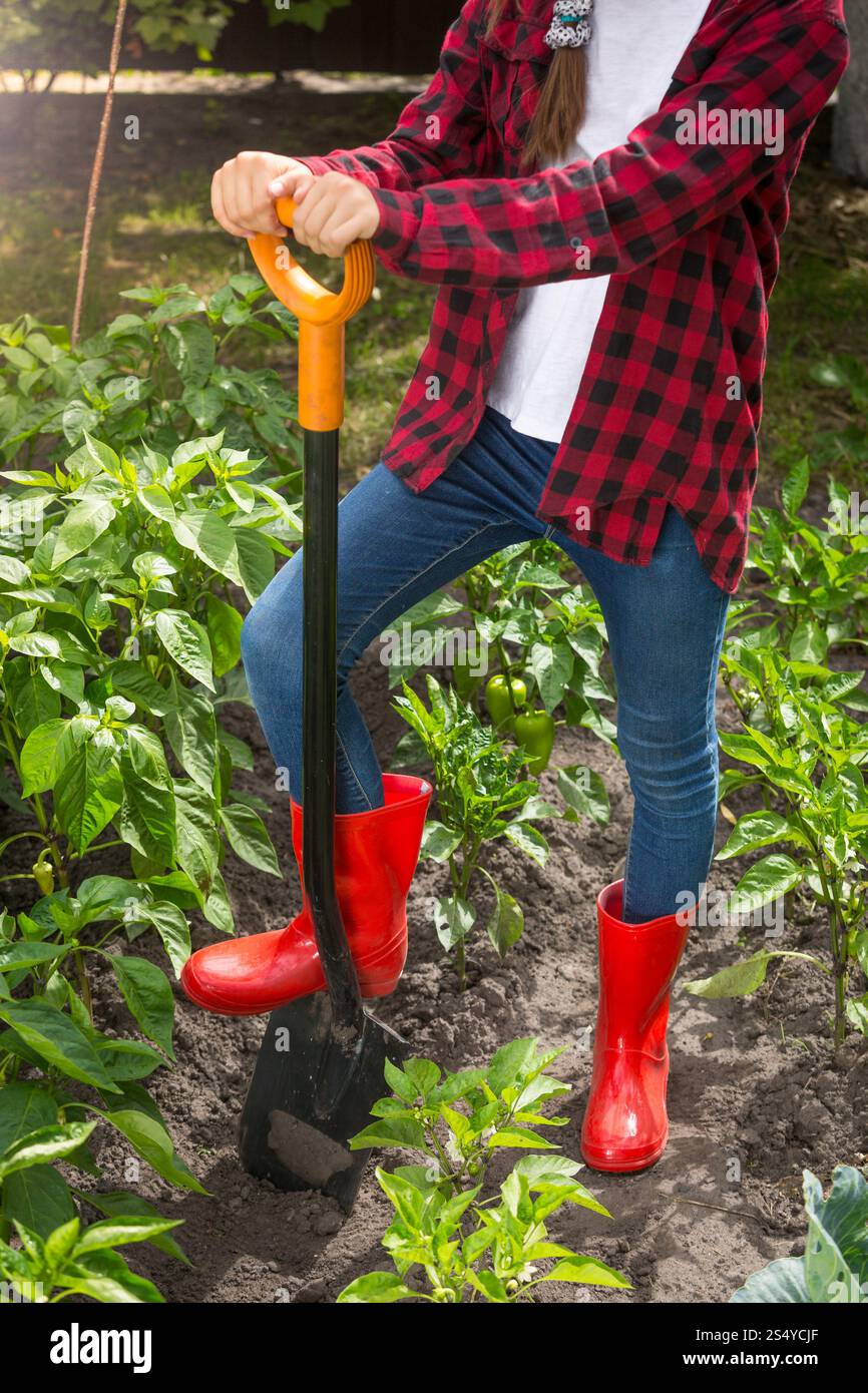 Closeup young woman in red wellington boots working on garden bed with ...