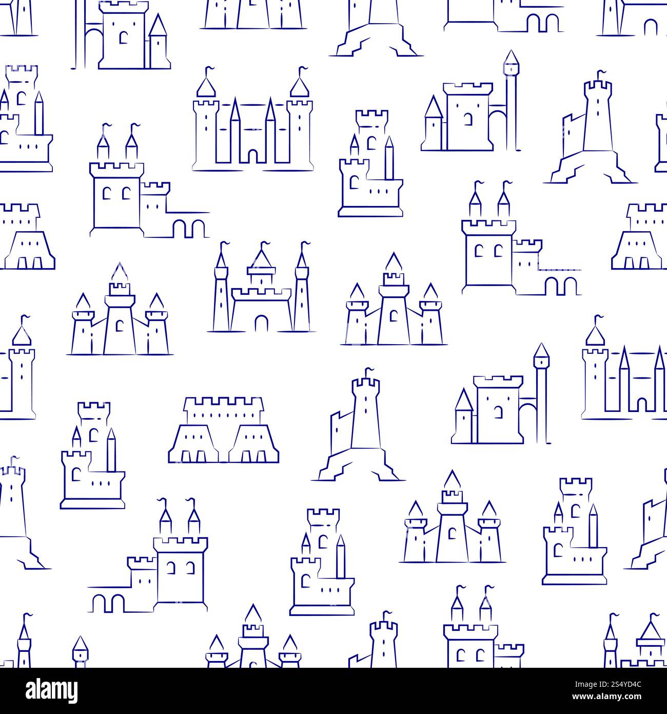 Medieval castles, fortress, bastions isolated on white seamless background pattern. Vector ...