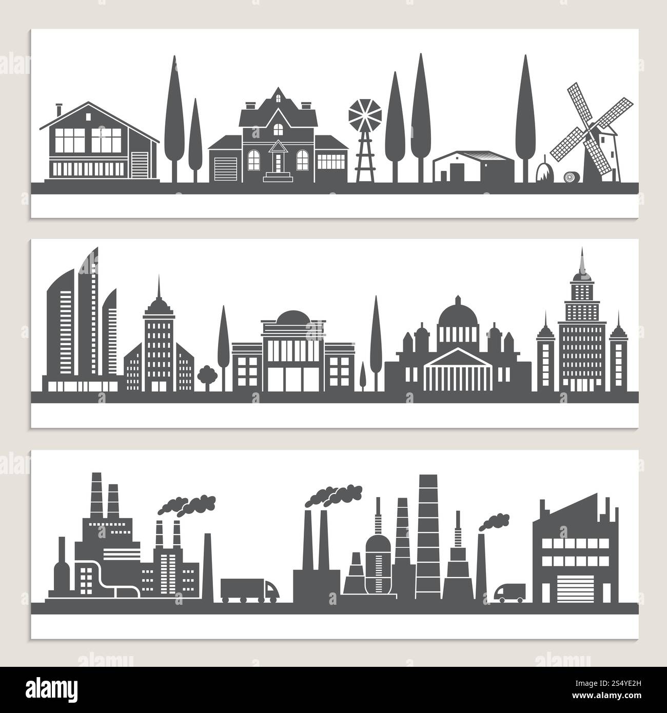 Set of horizontal banners with monochrome illustrations of urban ...