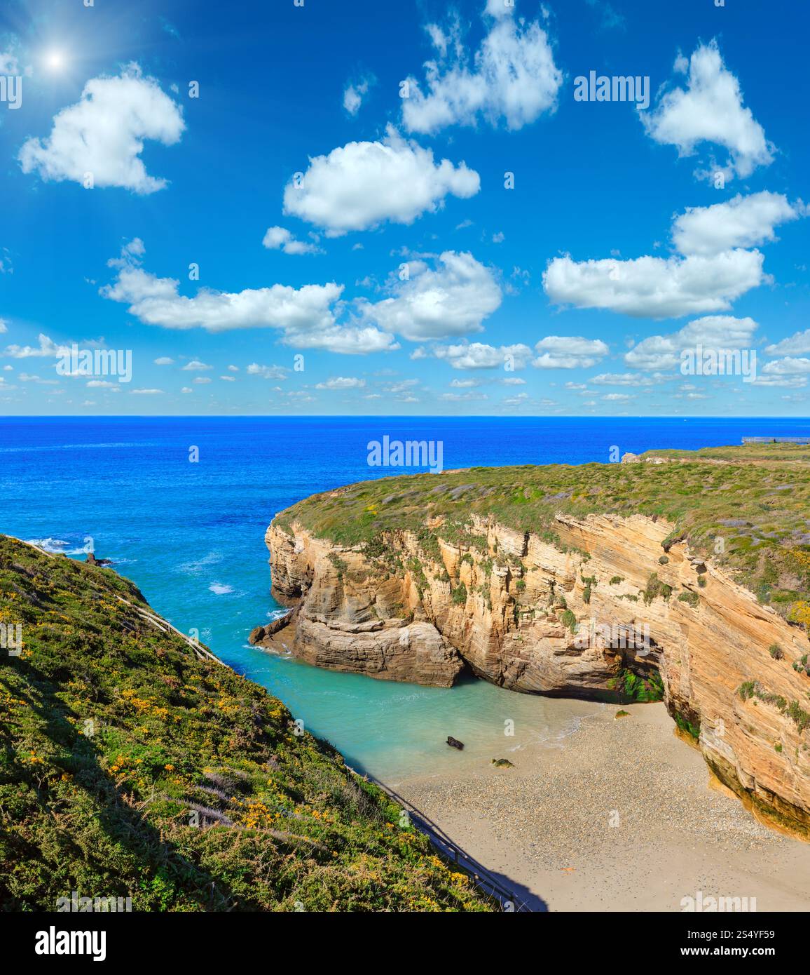 Blossoming Cantabric coast summer landscape (Cathedrals Beach, Lugo ...