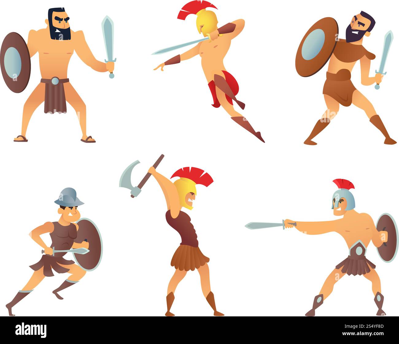 Gladiators holding swords. Fighting characters in action poses. Warrior ...