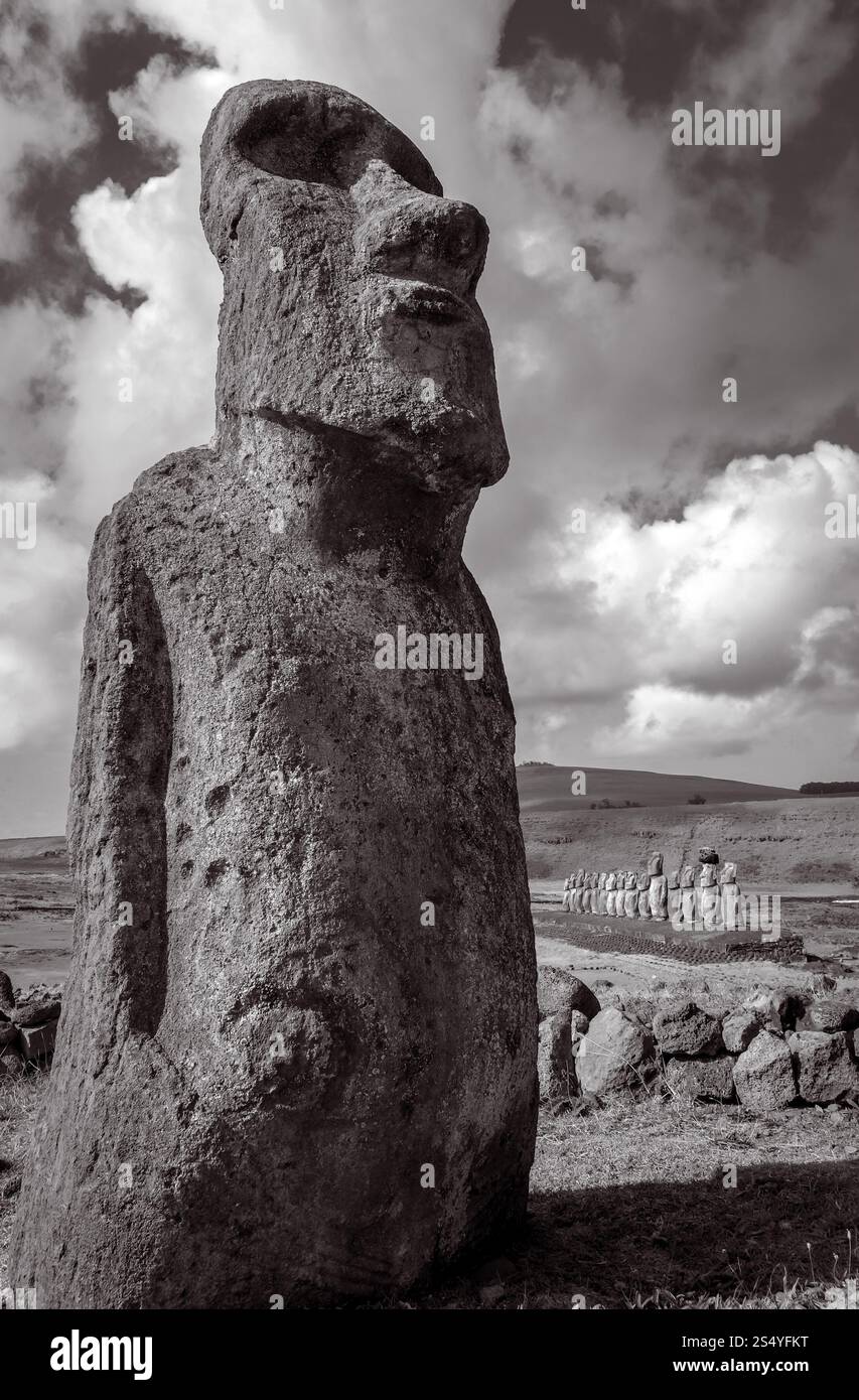 Moai statue, ahu Tongariki, easter island, Chile. Black and white ...
