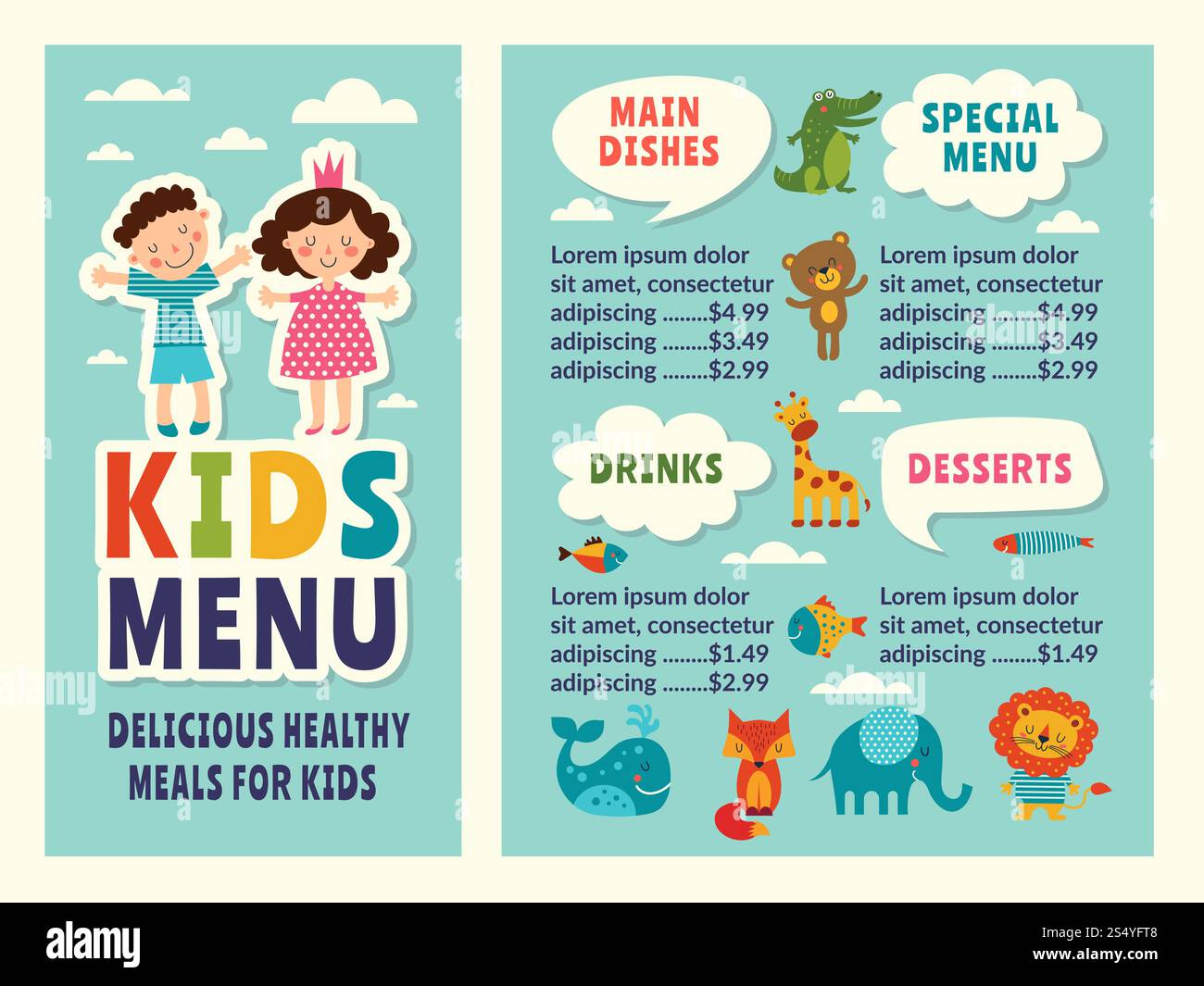 Design template of kids menu with colored funny pictures and place for ...