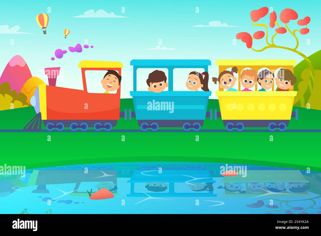 Kids driving a train in fairytale world. Vector boys and girls travel ...
