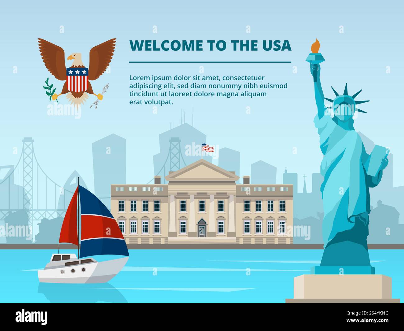 American urban landscape with historical architectural symbols and ...