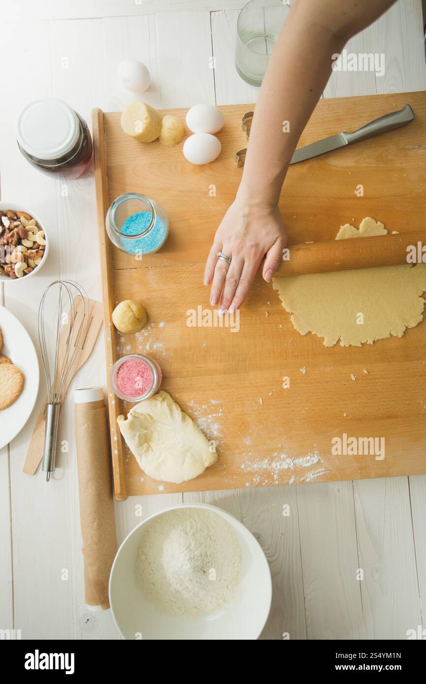 Baking ingredient on wooden table wooden making dough for cookies Stock ...