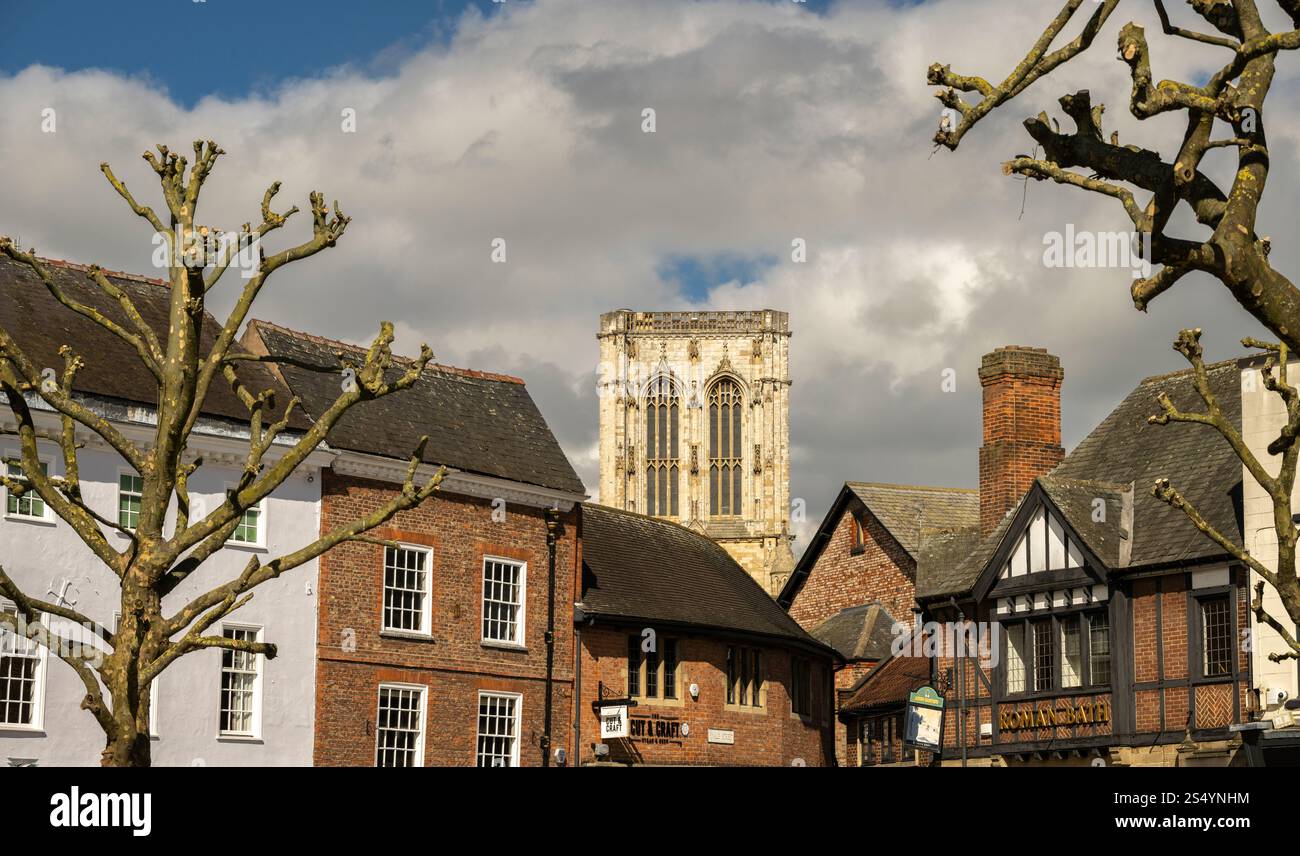 York Minster’s Central Tower, framed between Browns Department Store ...