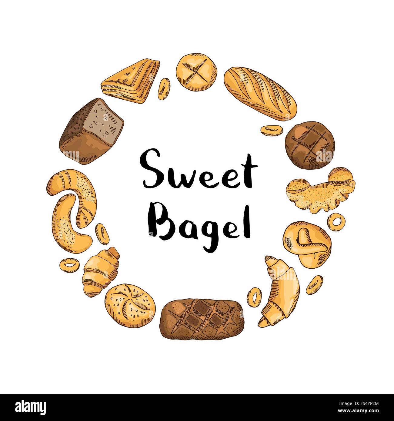 Vector hand drawn colored bakery elements formed circle with place for ...