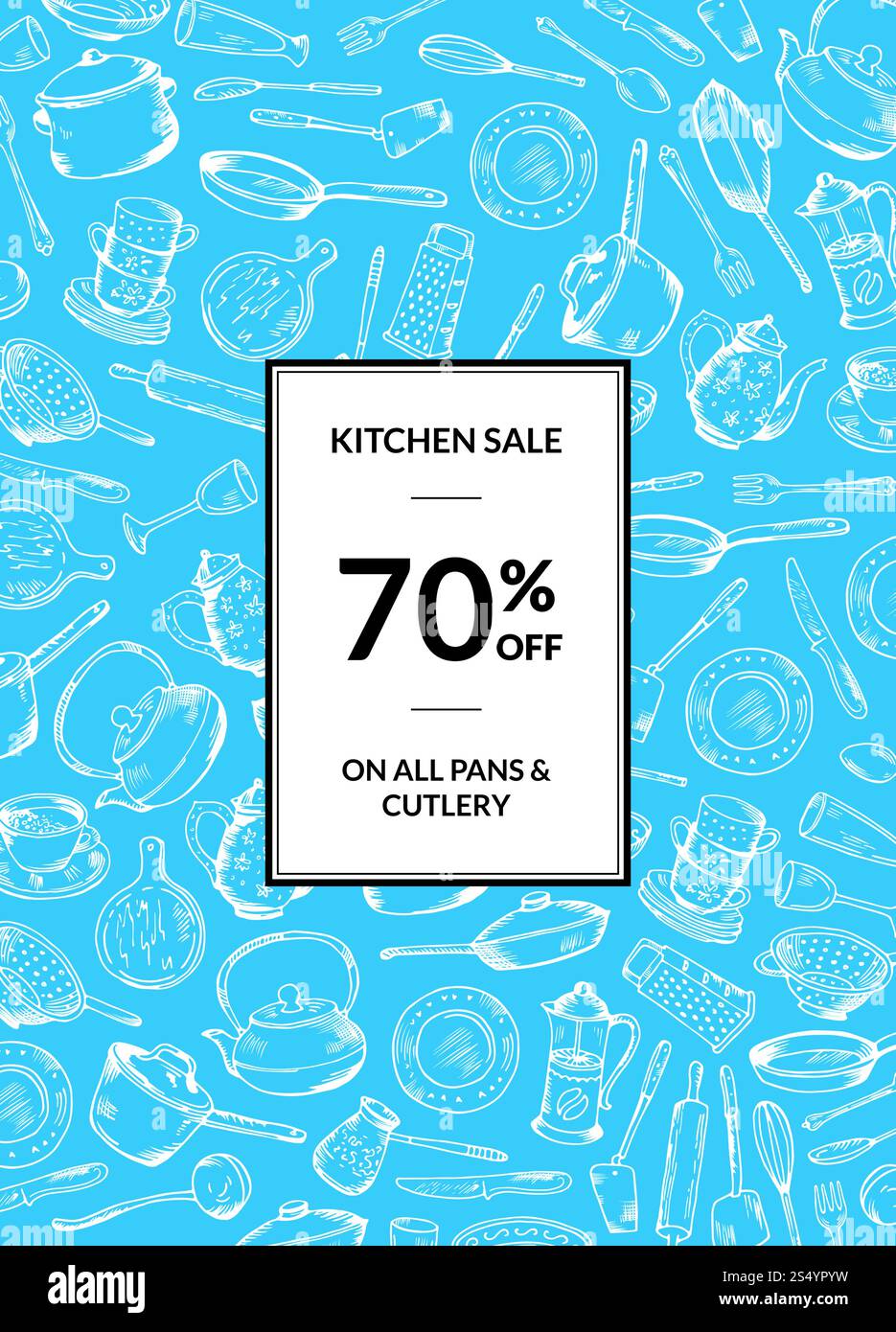 Vector vertical sale background with hand drawn kitchen utensils and ...