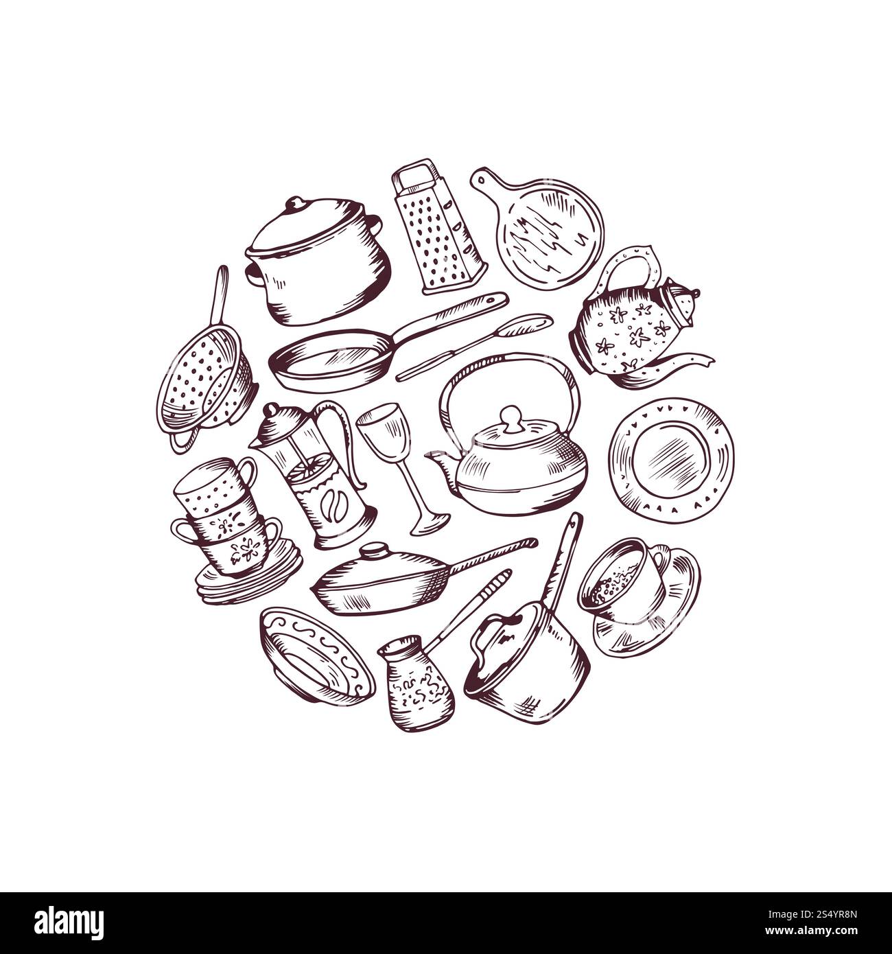 Vector gathered hand drawn kitchen utensils in circle illustration ...