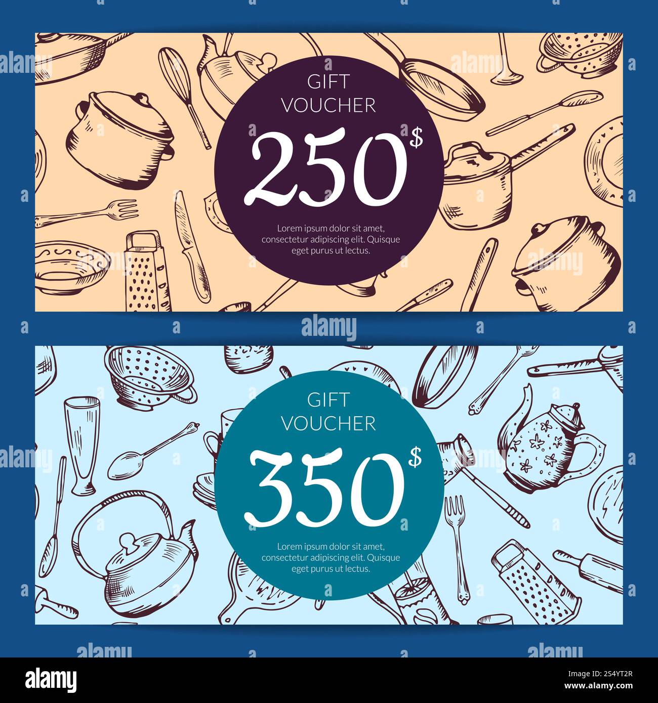 Vector gift voucher or discount card template with hand drawn kitchen ...