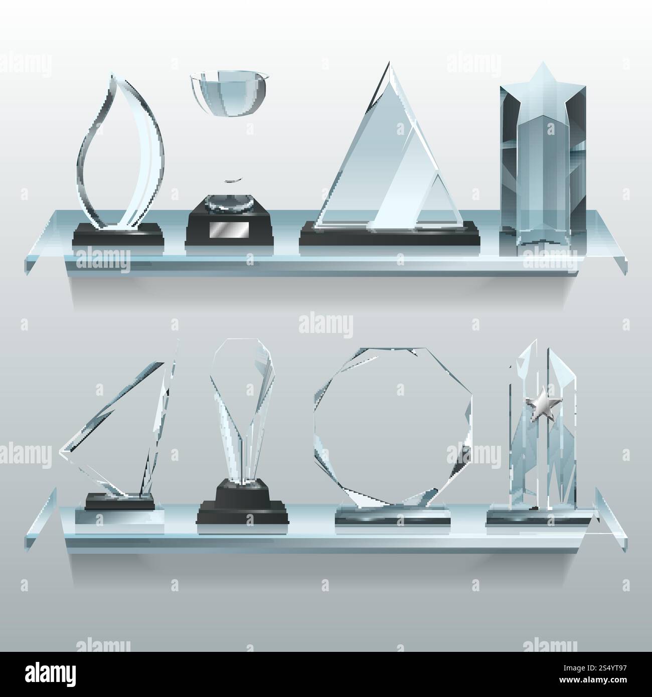 Collections of transparent trophies, awards and winner cups on shelf of ...