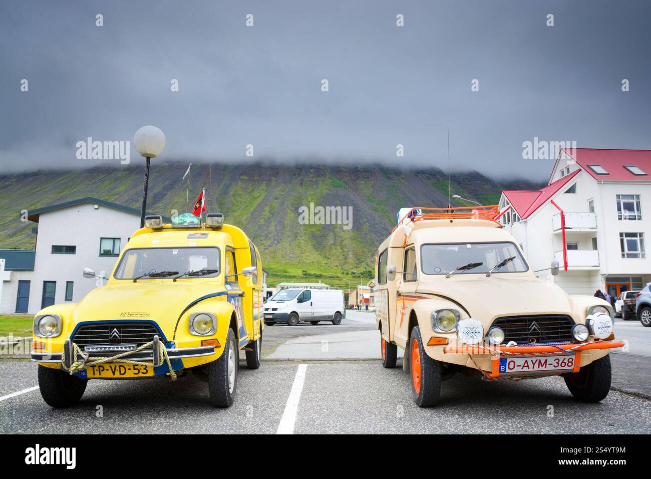 Two vintage Citroën Acadiane cars on the street of the city of ...