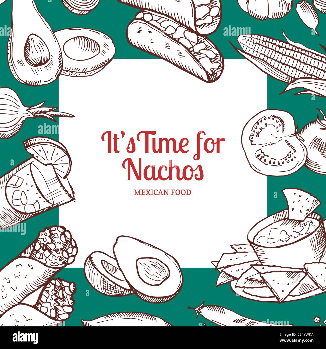 Vector sketched mexican food elements background with white rectangle with place for text ...