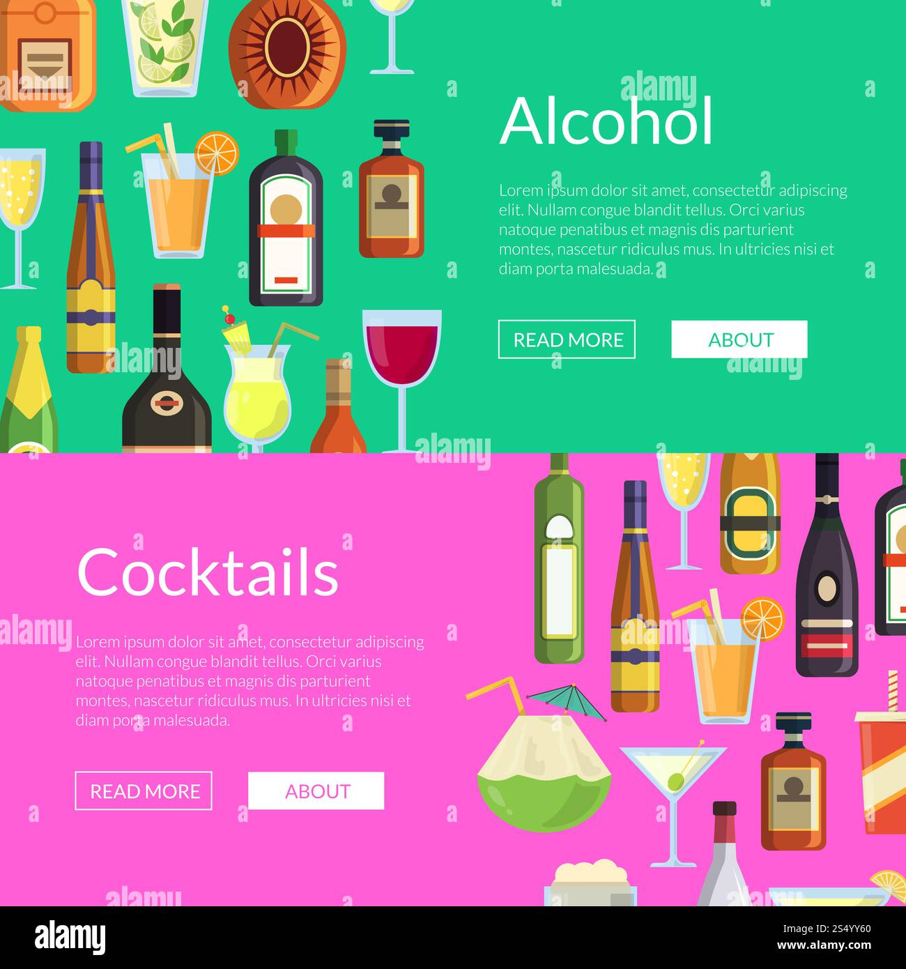 Vector horizontal web banners or poster illustration with alcoholic ...