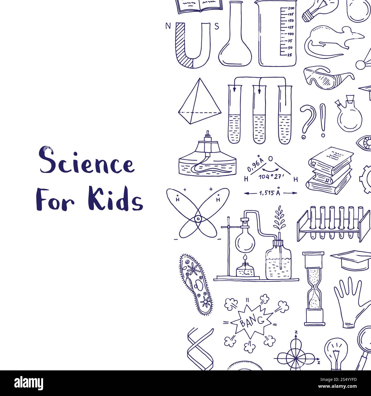 Vector sketched science or chemistry elements background with lettering ...