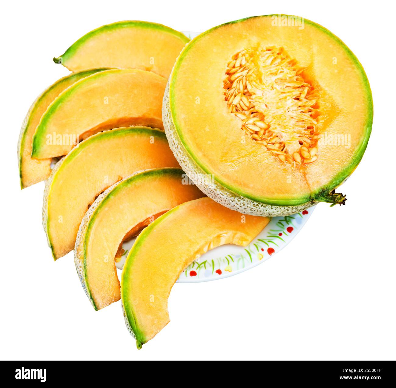 half and slices of ripe sicilian muskmelon (cantaloupe melon) on plate ...