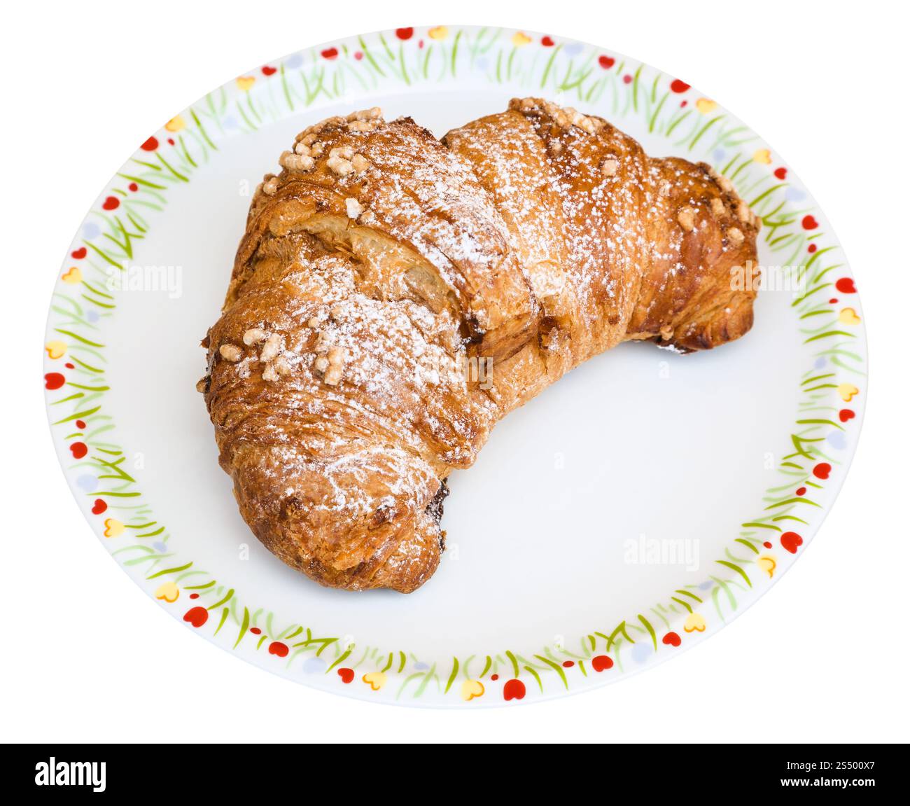 fresh italian croissant filled by chocolate cream on plate isolated on ...