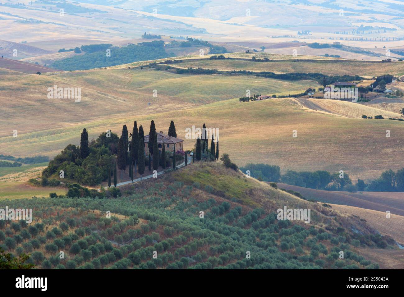 Beautiful landscape of Tuscany summer morning sunrise countryside in ...