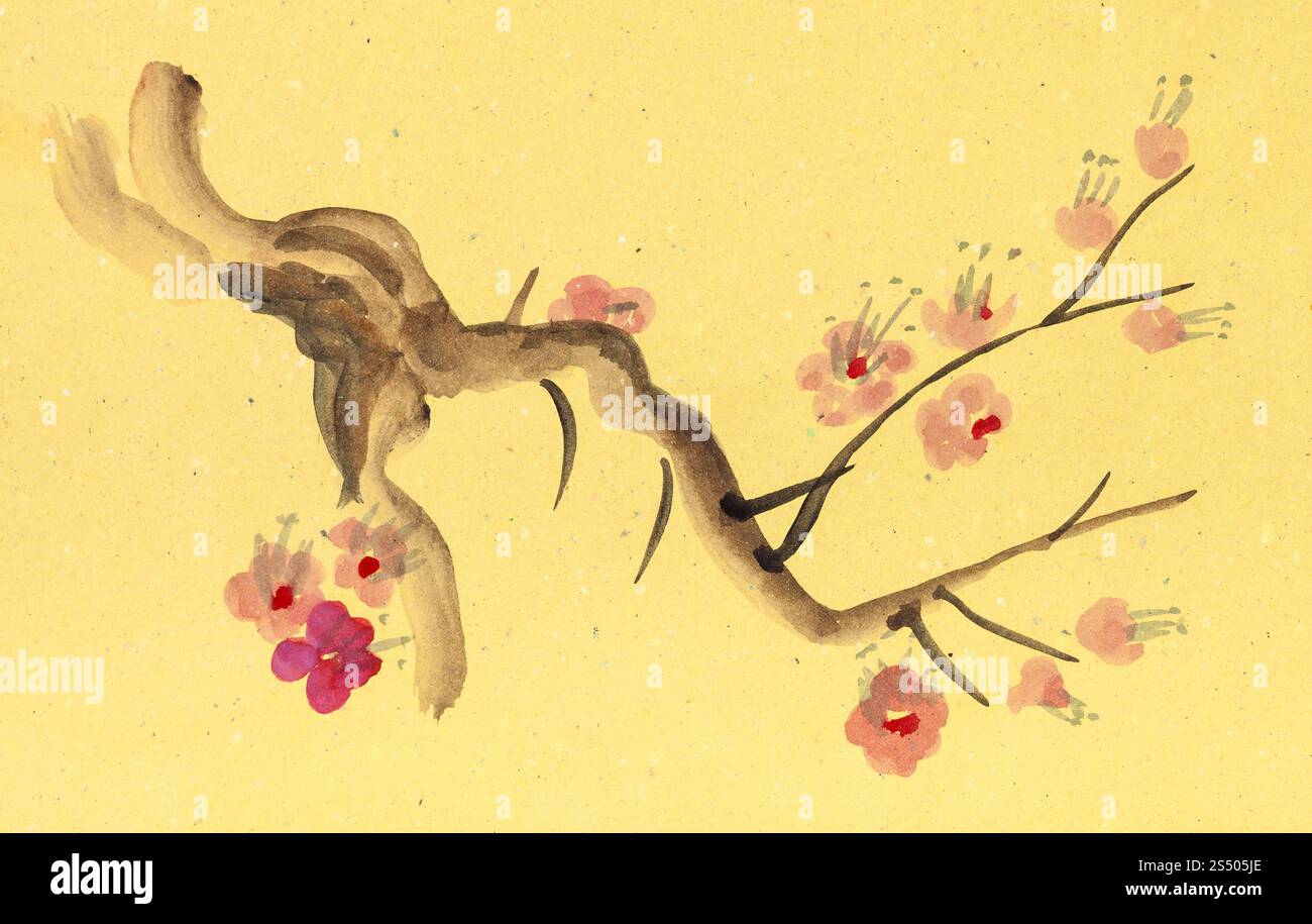 training drawing in suibokuga style with watercolor paints - branch of ...