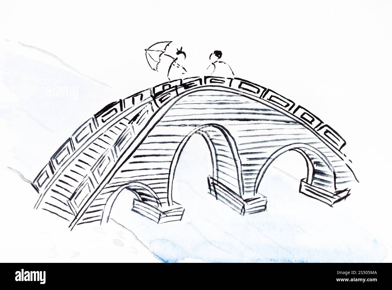 training drawing in suibokuga style with watercolor paints - bridge ...