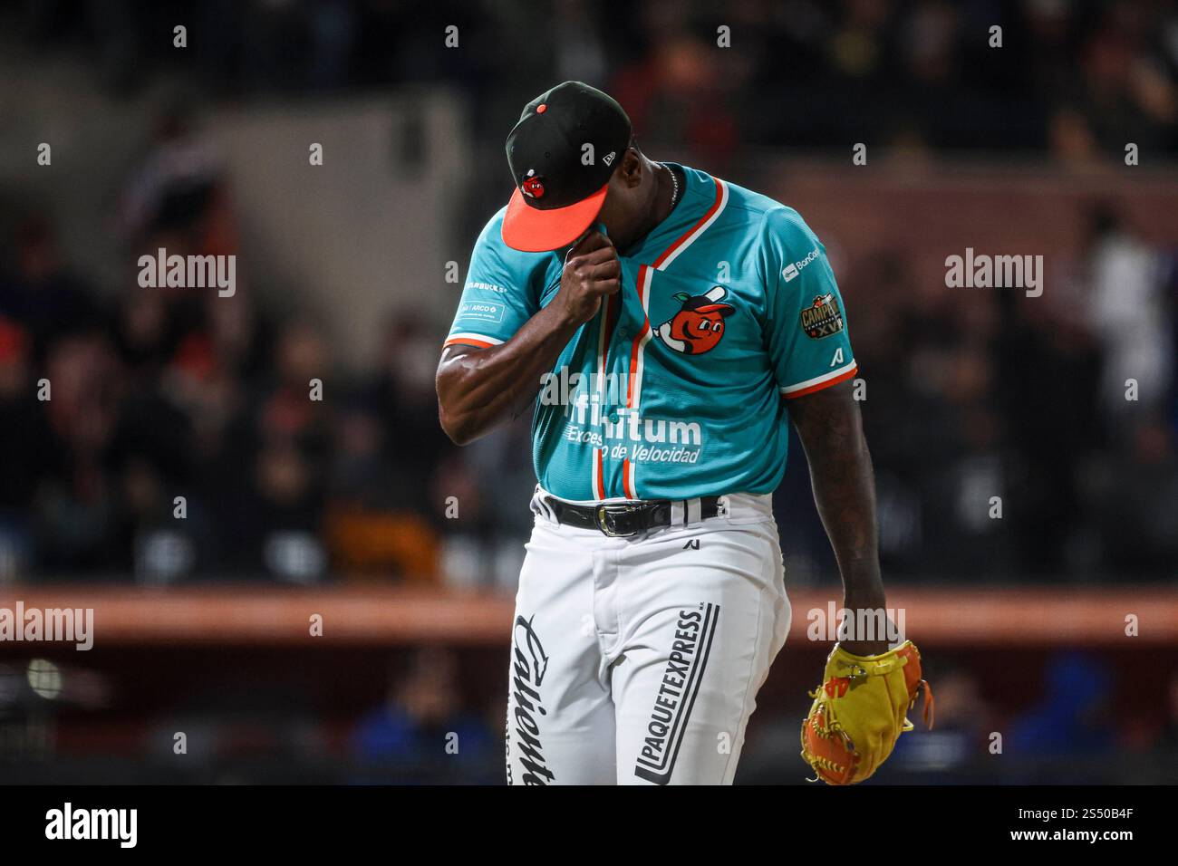 HERMOSILLO, MEXICO - JANUARY 11: Thyago Vieira relief pitcher for Naranjeros reacts in the ...
