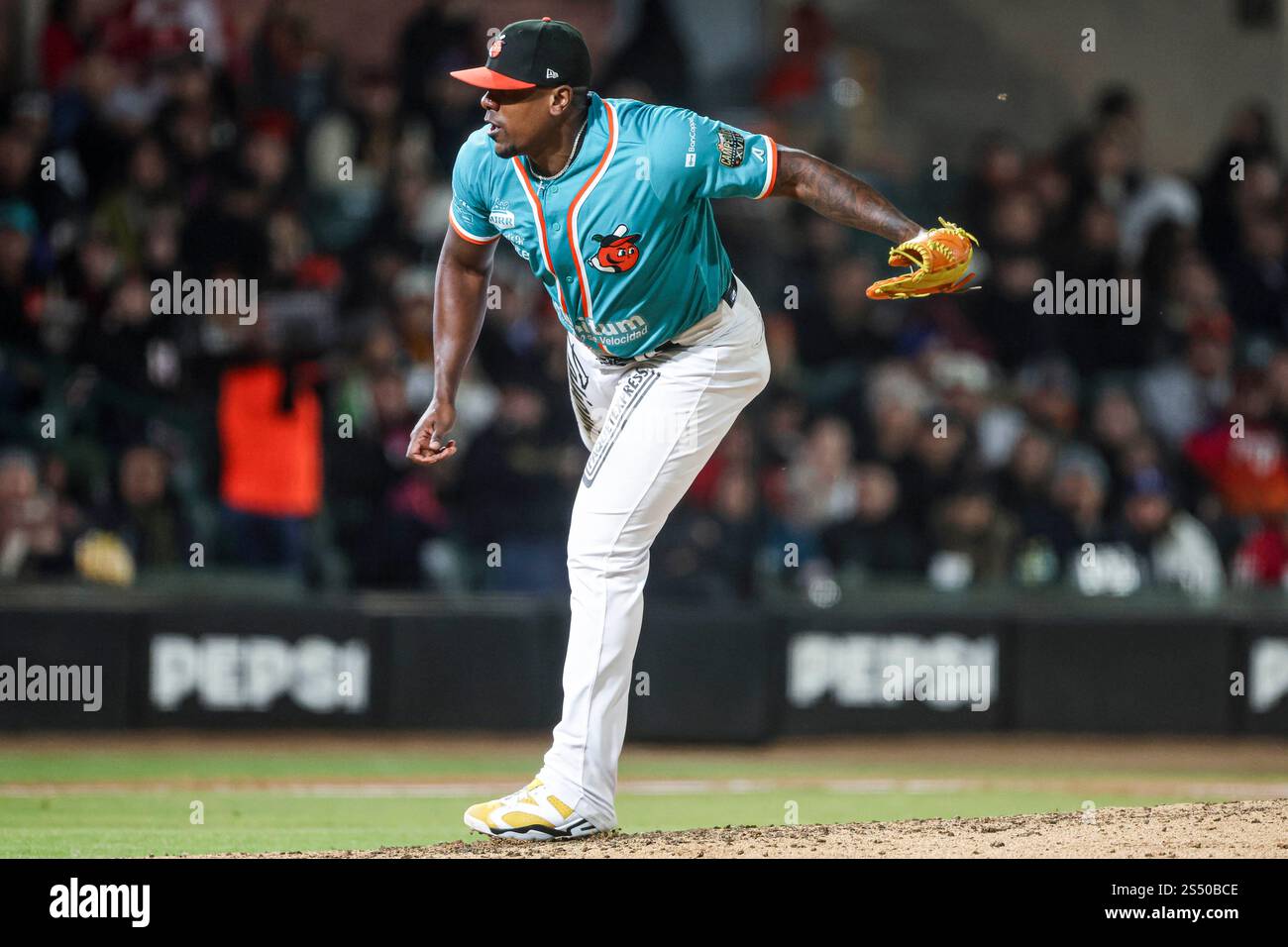HERMOSILLO, MEXICO - JANUARY 11: Thyago Vieira relief pitcher for Naranjeros in the seventh ...
