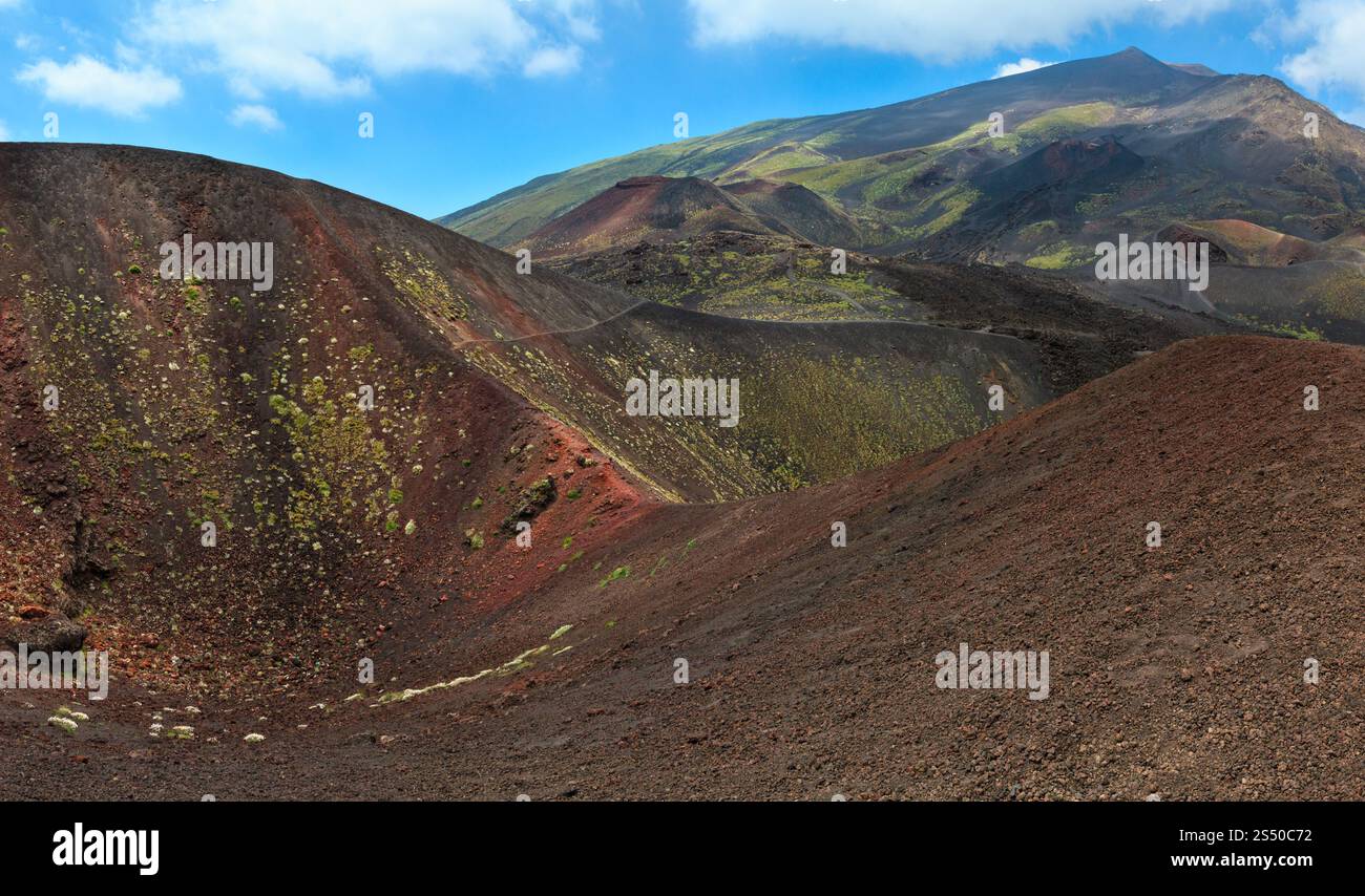 Path between summer Etna volcano mountain craters, Sicily, Italy Stock ...