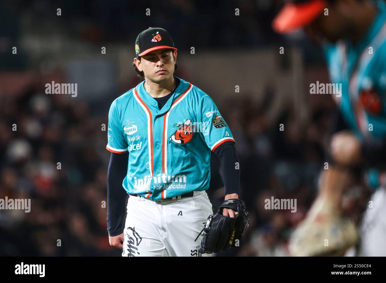 HERMOSILLO, MEXICO - JANUARY 11: Damián Mendoza starting pitcher for Naranjeros de Hermosillo ...