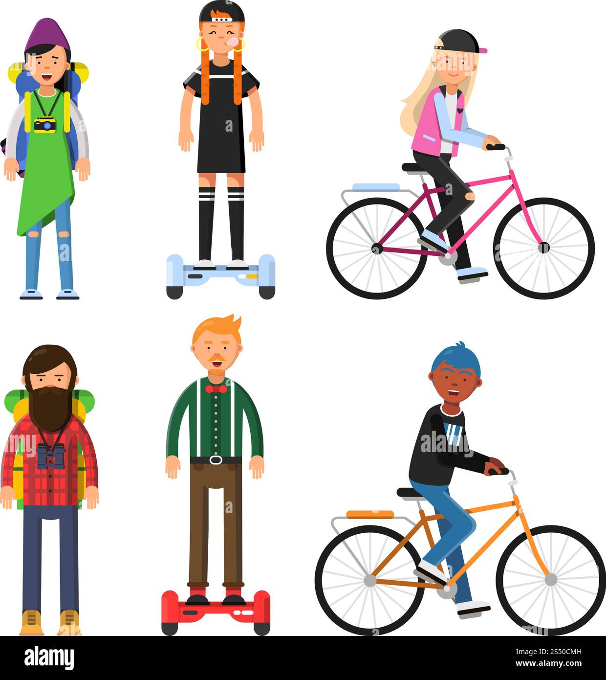 Hipsters make a trip. Bicycles riders. Vector characters set ...