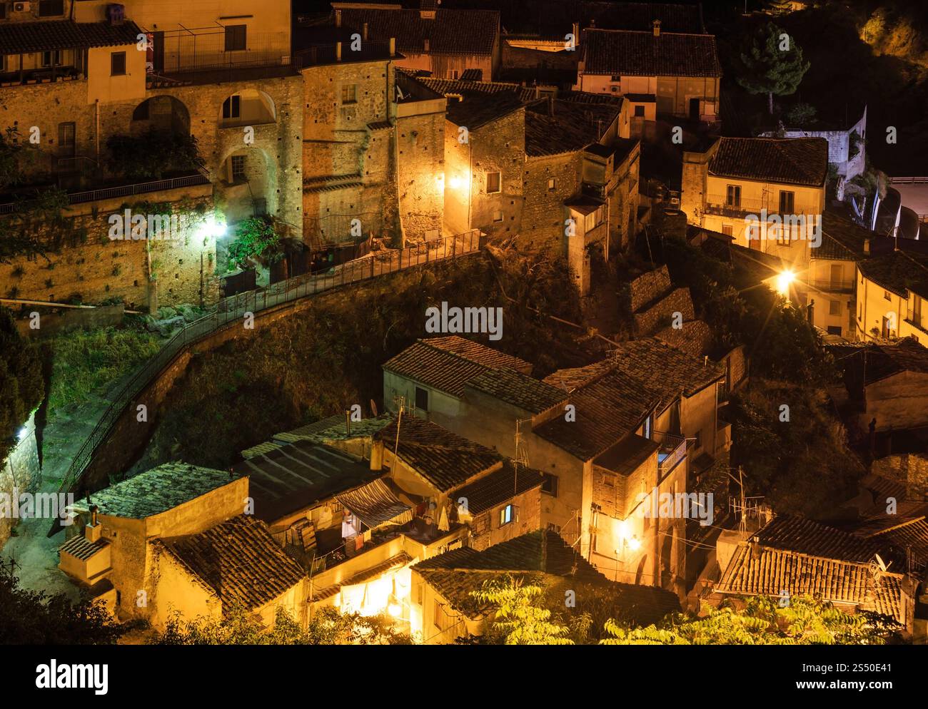 Night old medieval Stilo famos Calabria village view, southern Italy ...