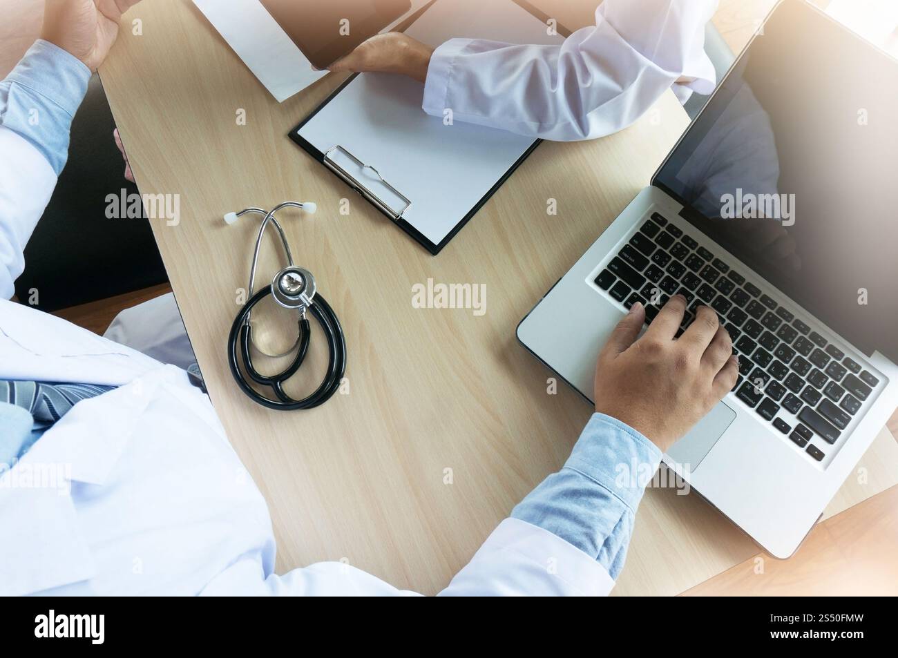 Medical technology network team meeting concept. Doctor hand working ...