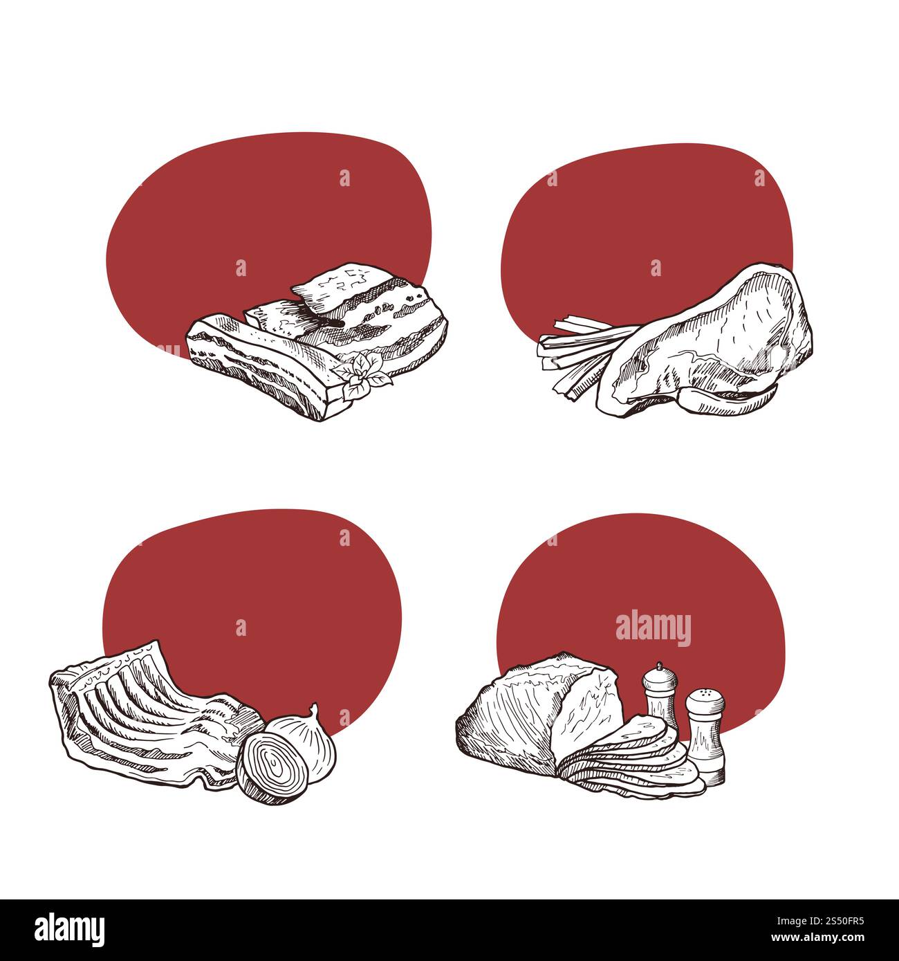 Vector stickers with place for text with hand drawn monochrome meat ...