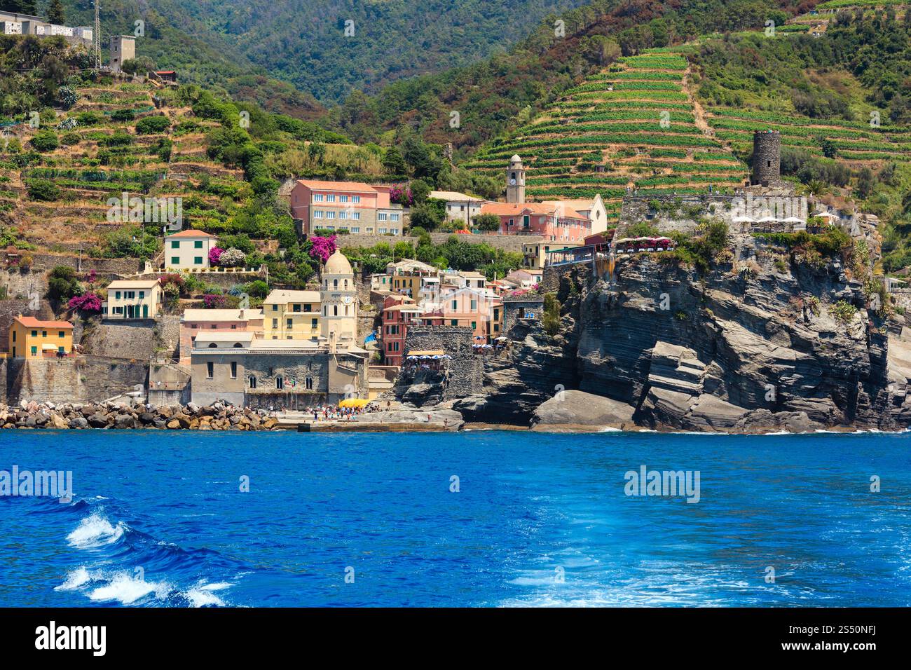 Vernazza view from excursion ship. One of five famous villages of ...