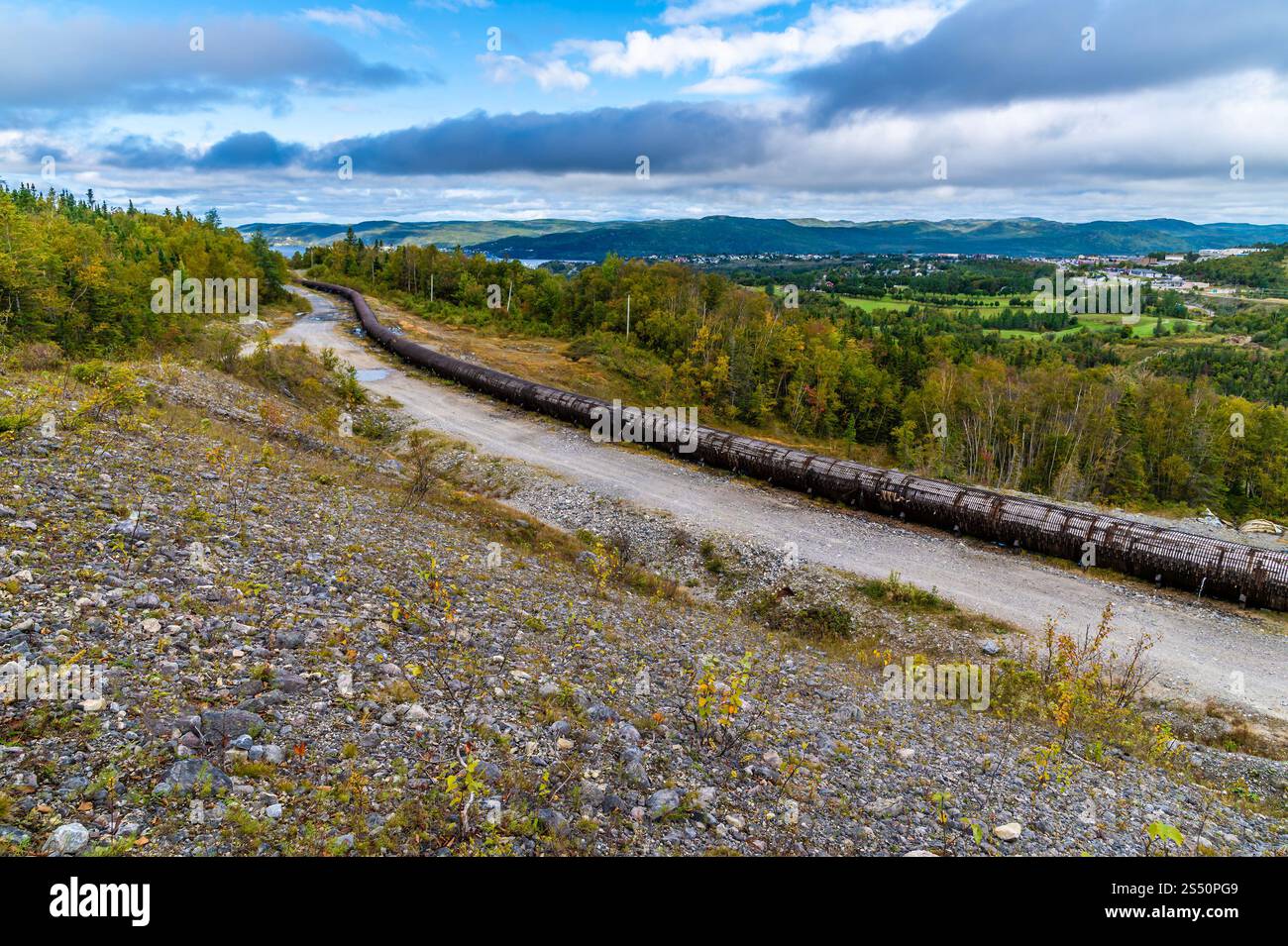 A panorama view looking down onto a leaking wooden-stave water pipe ...