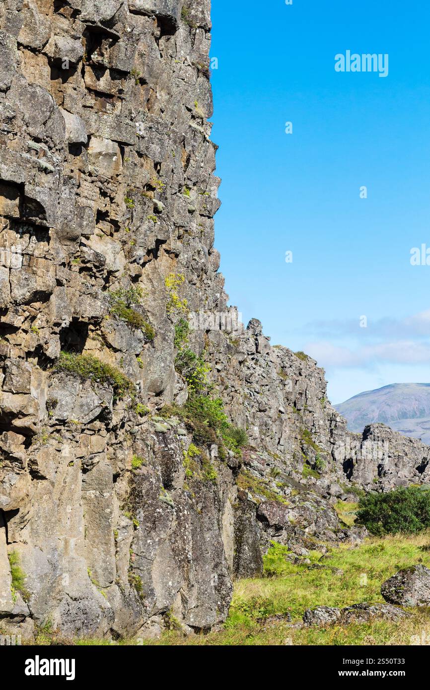 travel to Iceland - stone walls of Almannagja Fault in Thingvellir ...