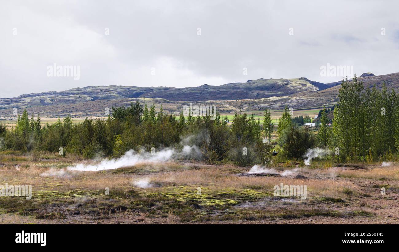 travel to Iceland - Haukadalur geyser valley in september Stock Photo ...