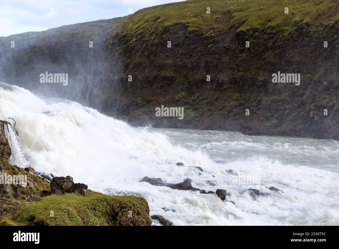 travel to Iceland - view of Gullfoss waterfall current from canyon edge ...