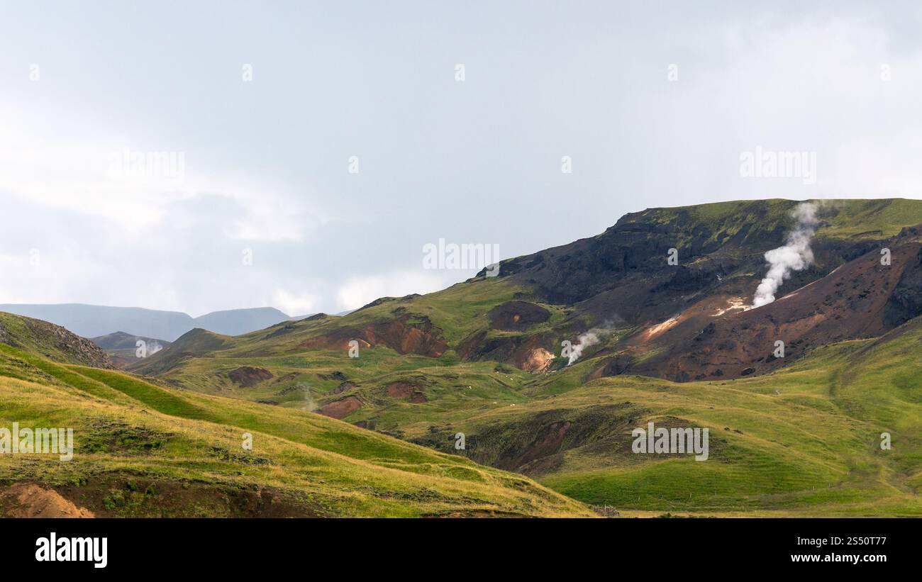 travel to Iceland - mountains in Hveragerdi Hot Spring River Trail area ...