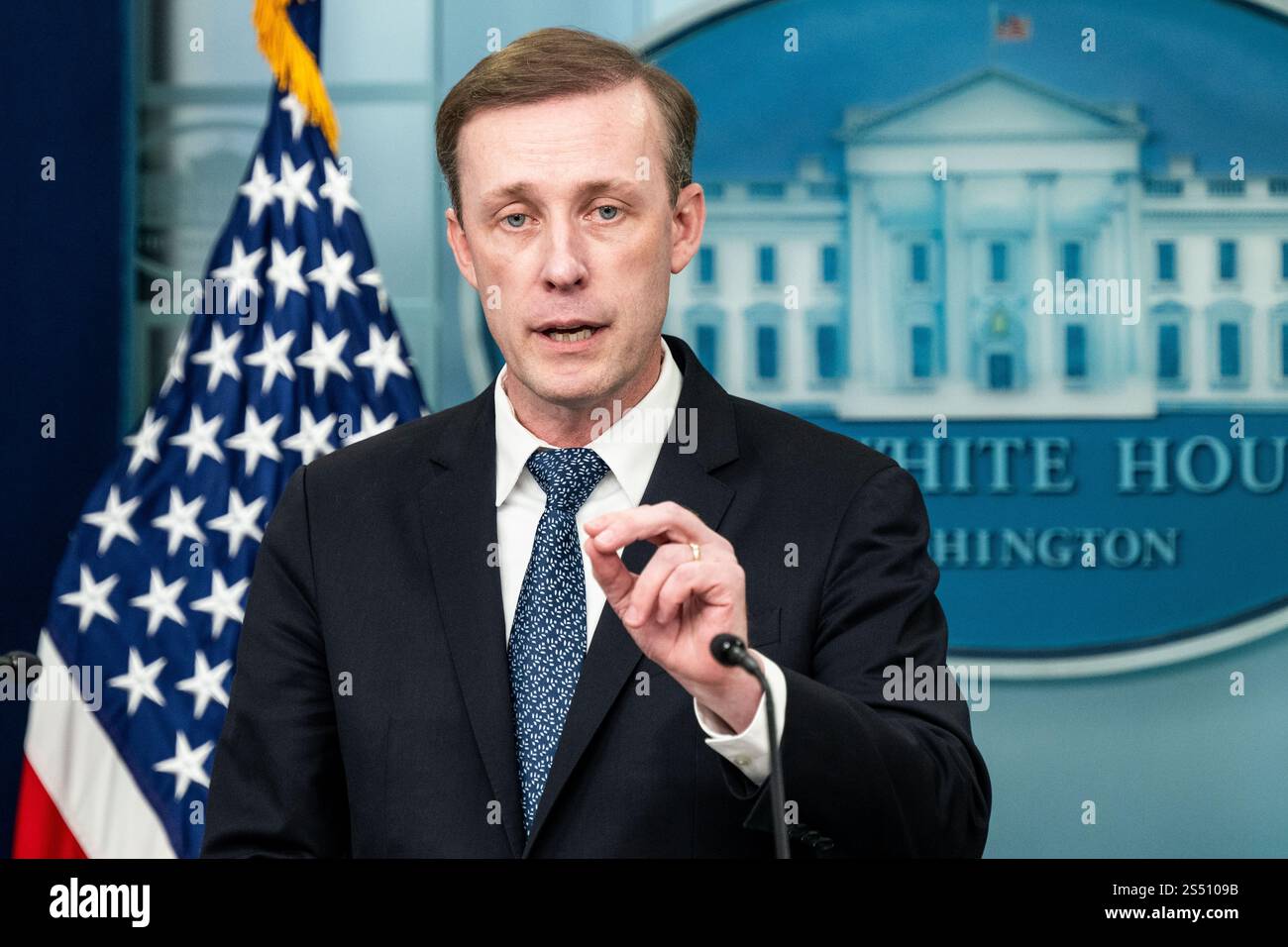 National Security Advisor Jake Sullivan speaking at a press briefing in ...