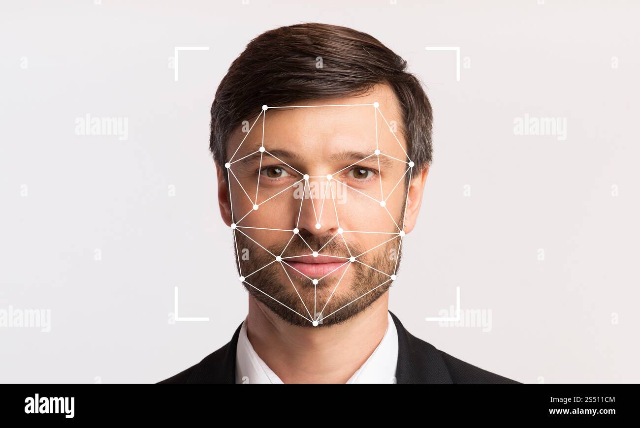 Facial recognition technology showcased with individual in formal ...